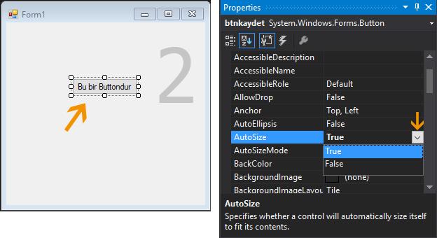 C# Button Nesnesi Özellikleri: Text, Name, AutoSize, AutoEllipsis, BackColor