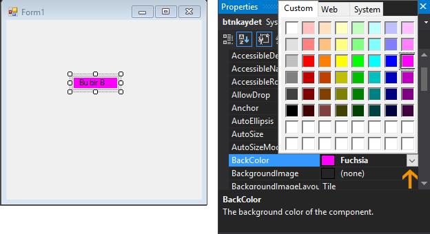 C# Button Nesnesi Özellikleri: Text, Name, AutoSize, AutoEllipsis, BackColor