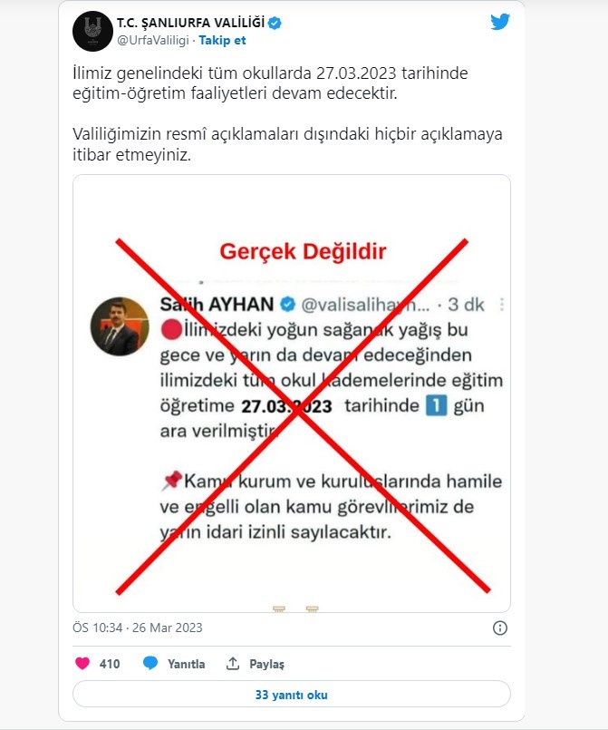 Urfa Valisi adına açılan mavi tikli sahte hesaptan okullar tatil ...