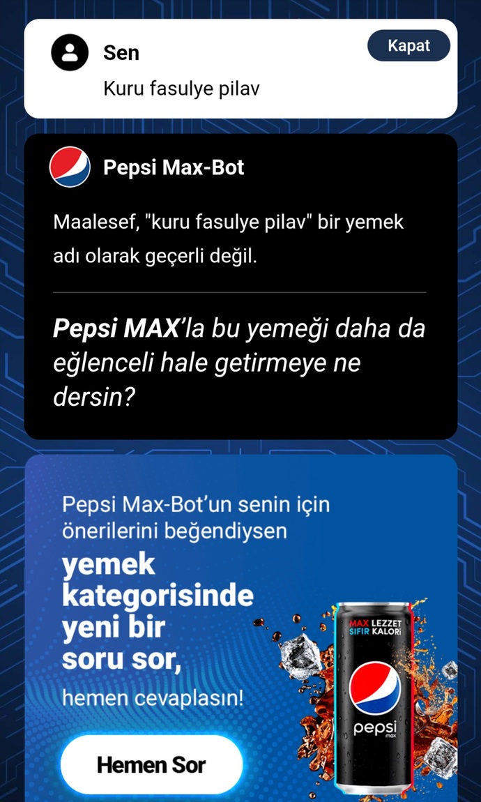 Pepsi bot, kuru fasulye pilav için yemek adı değildir dedi. Sizce haklı ...